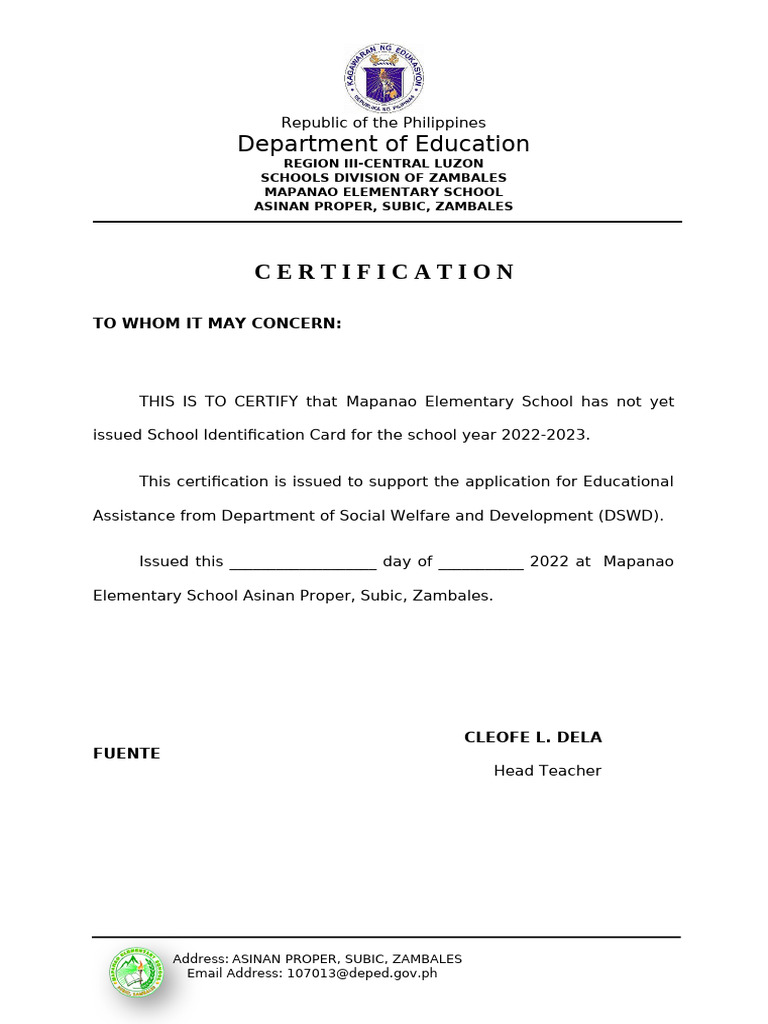Certificate of Non-Issuance of School ID | PDF
