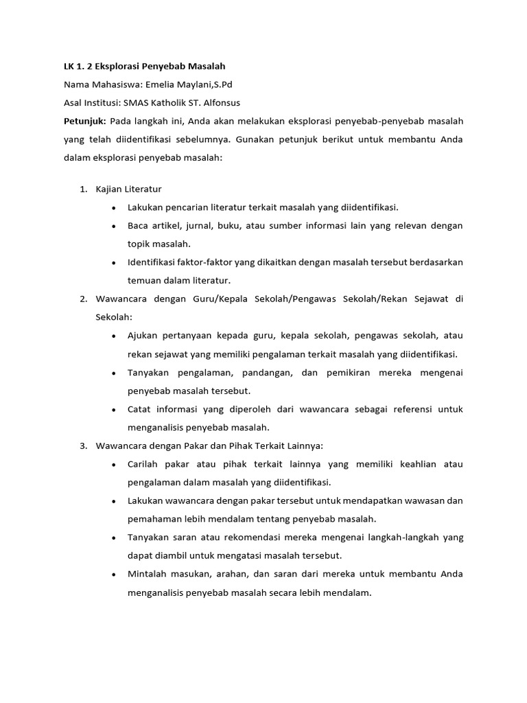 LK 1.2 Eksplorasi Penyebab Masalah - Umum - Emelia Maylani, S.PD | PDF