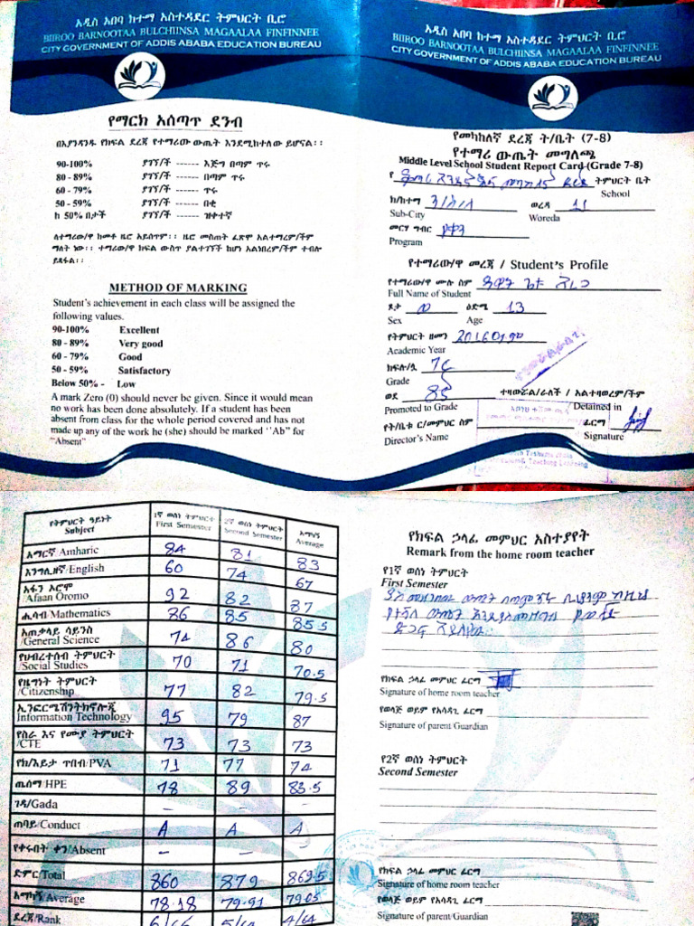Ye Dawit Report Card | PDF