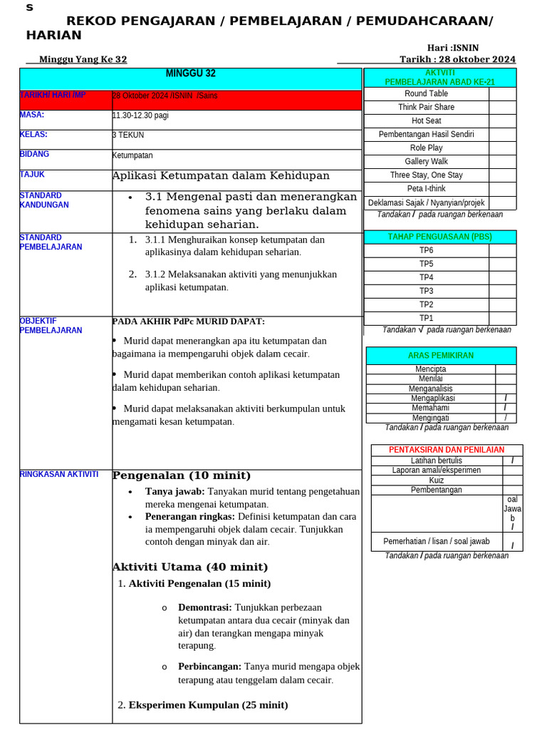 RPH Sains Tahun 2 Unit 7 | PDF