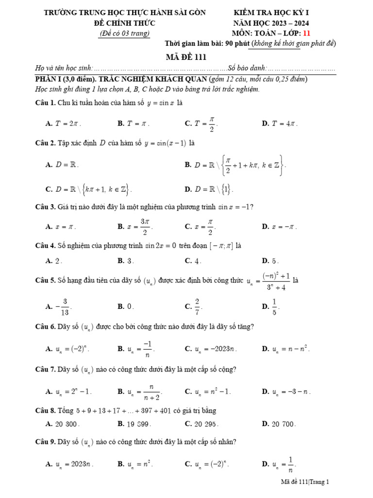 Toan 11 - ThuchanhSaigon - Q5-Deda-Ma Tran - Tri Tran Duy | PDF