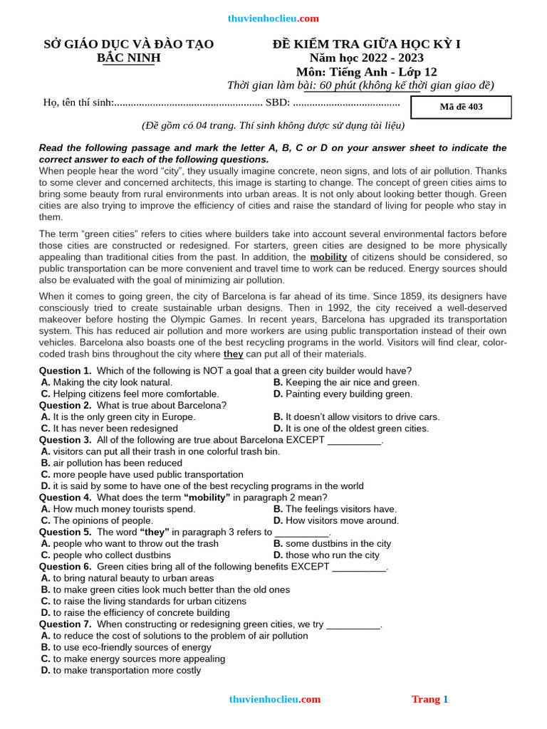 De KT Giua HK1 Tieng Anh 12 So GD Bac Ninh 2022 2023 | PDF | Sustainable City | Water