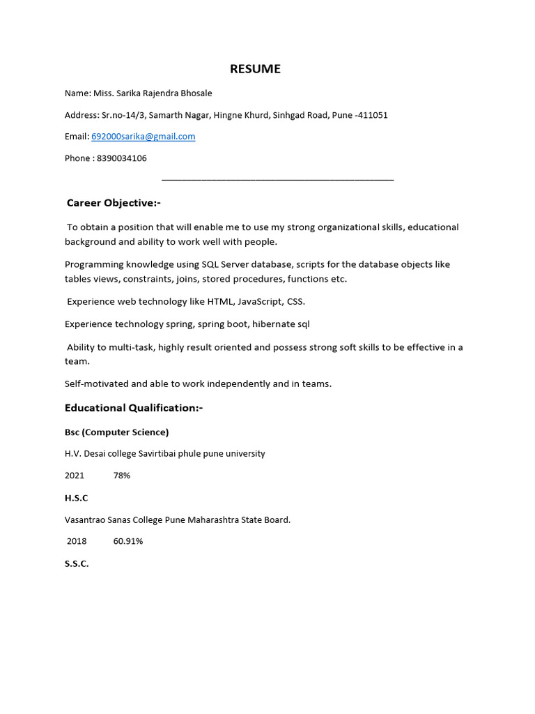 Sarika Bhosale: Software Developer Resume | PDF | Software | Information Technology