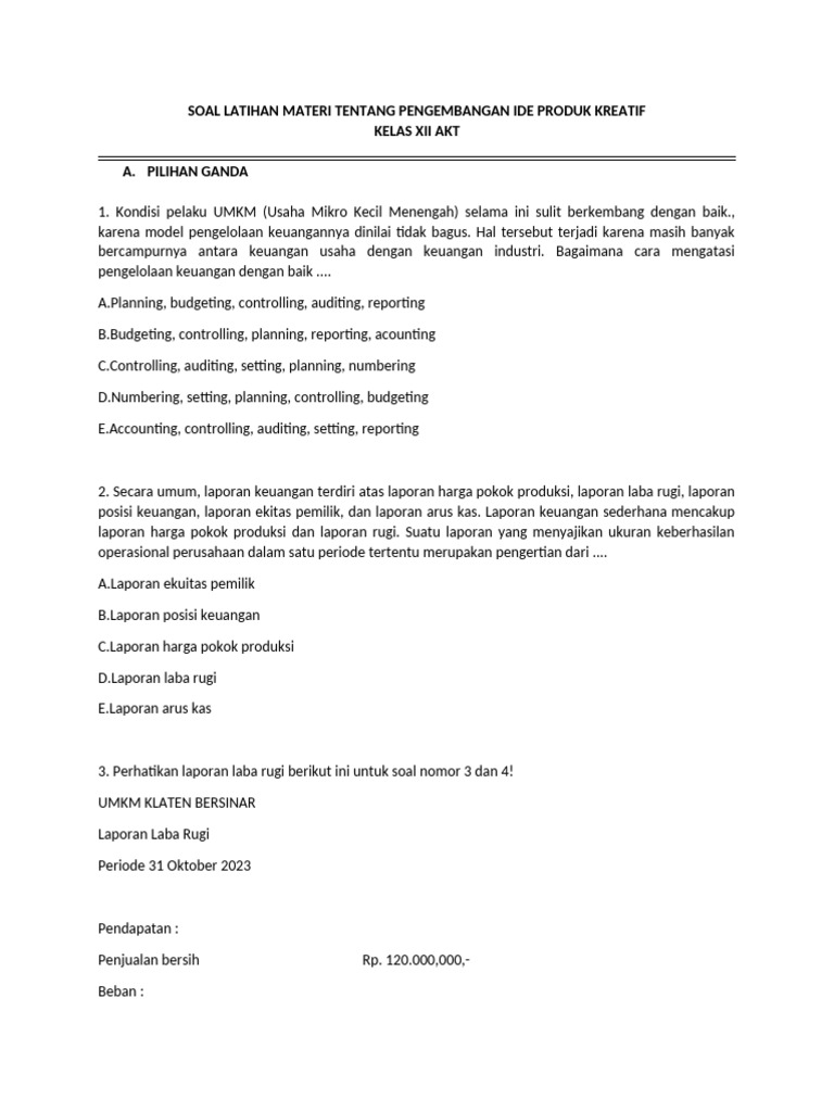 Soal Latihan Bab 2 Pkwu Xii Akt | PDF | Pengelolaan Keuangan & Uang