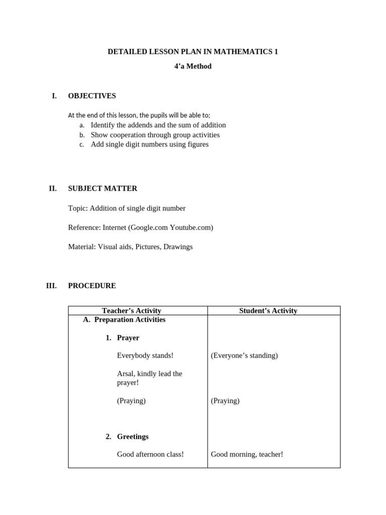 Addition Lesson Plan for Grade 1 | PDF | Teachers | Lesson Plan