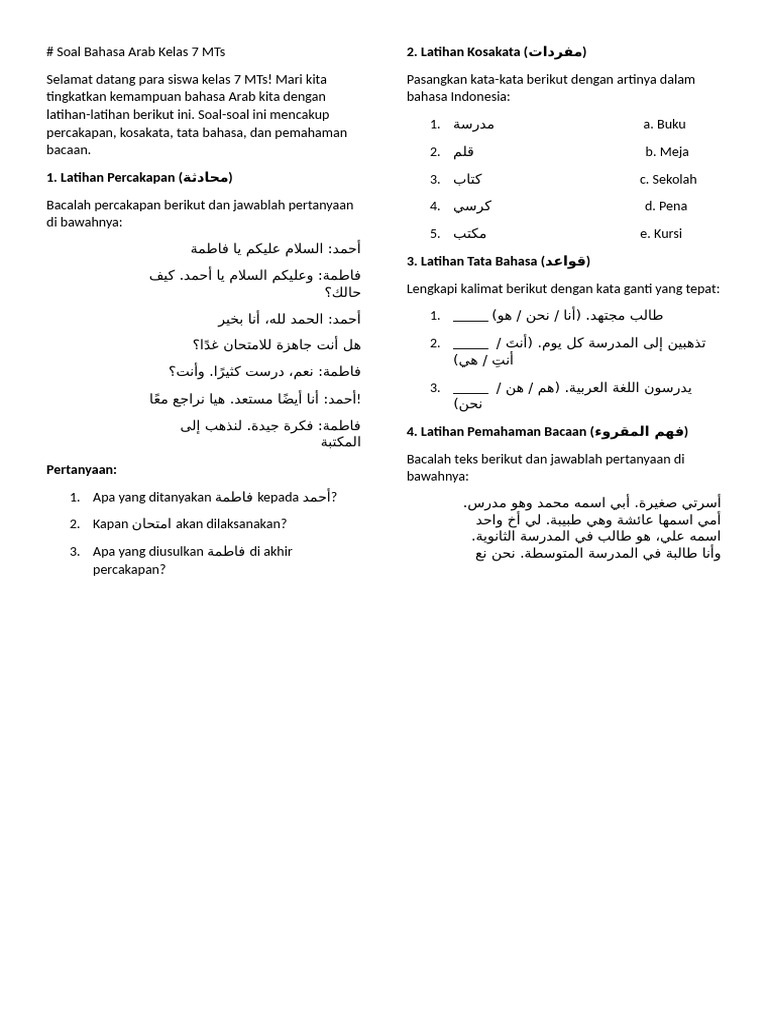 Soal Bahasa Arab Kelas 7 MTs | PDF