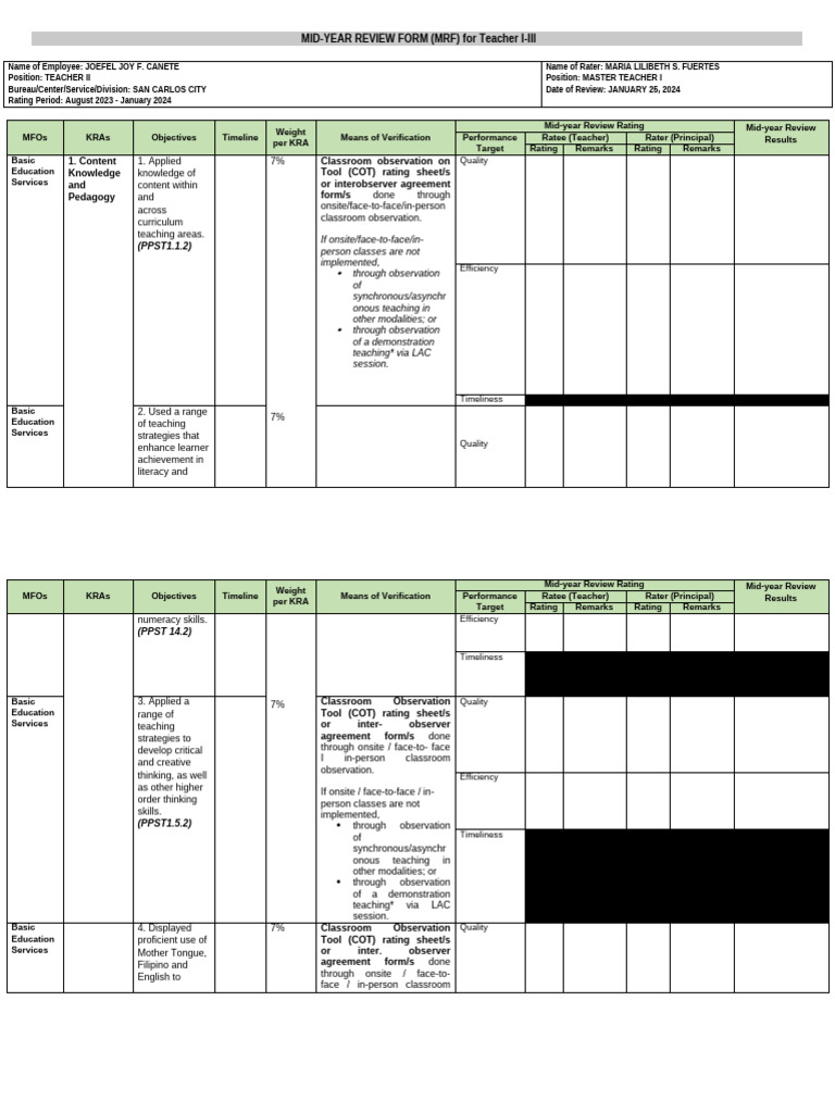 Mid-Year Teacher Performance Review 2024 | PDF | Teachers | Learning
