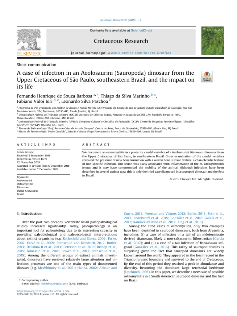 A Case of Infection in An Aeolosaurini (Sauropoda) Dinosaur | PDF ...