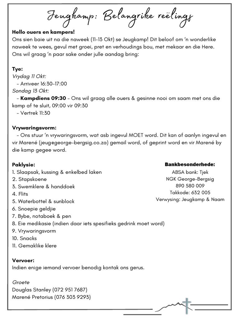 Jeugkamp Belangrike Inligting PDF | PDF