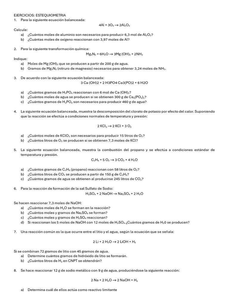 Ejercicios de Estequimetria | PDF | Hidróxido de sodio | Concentración