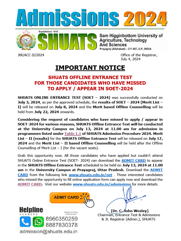 Notice For Shuats Offline Et For Merit II | PDF | Law