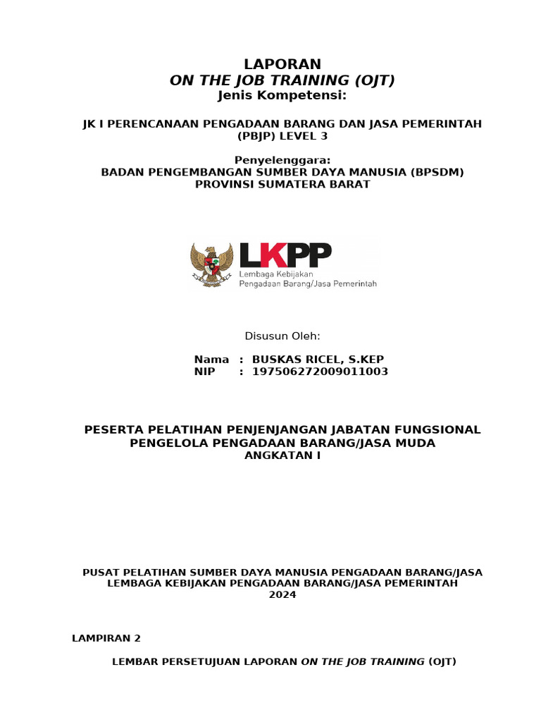 LAPORAN OJT JF MUDA 2023 - JK 1 Perencanaan PBJP Level 3 RICEL OKE | PDF