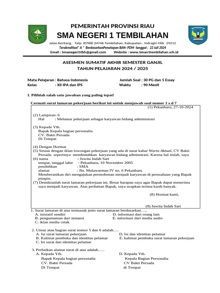 SOAL Asesmen Sumatif KELAS XII 2024 Ganjil | PDF