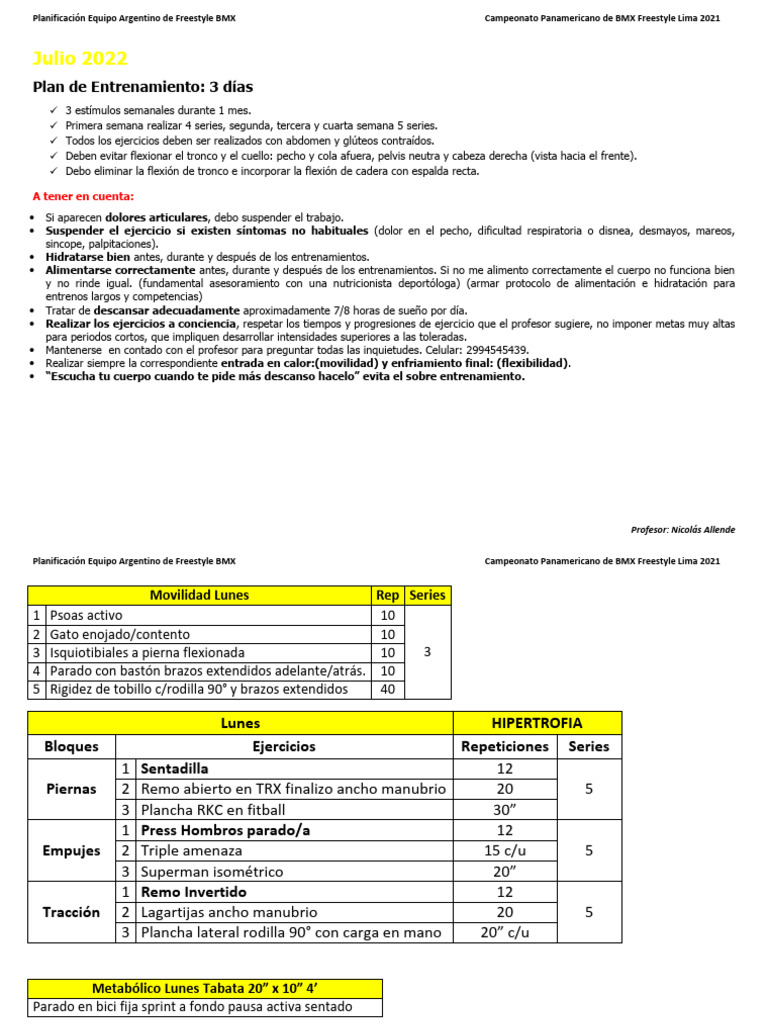 Plan Entrenamiento BMX Freestyle 2021 | PDF