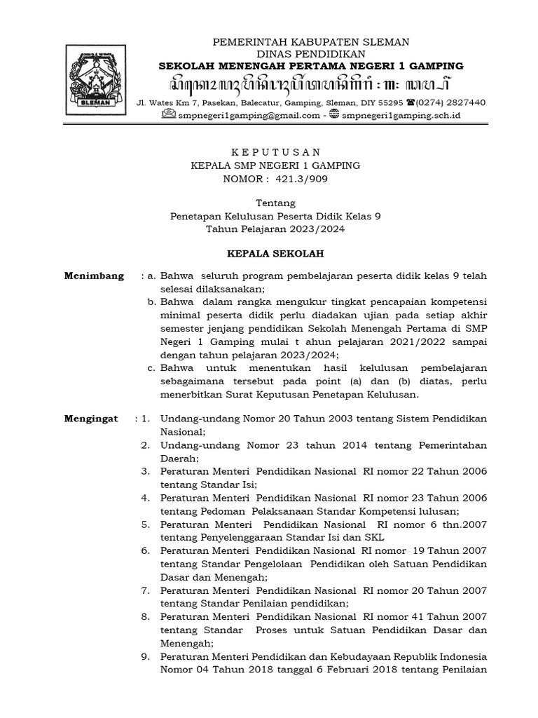 SK Penetapan Kelulusan 2023-2024 | PDF