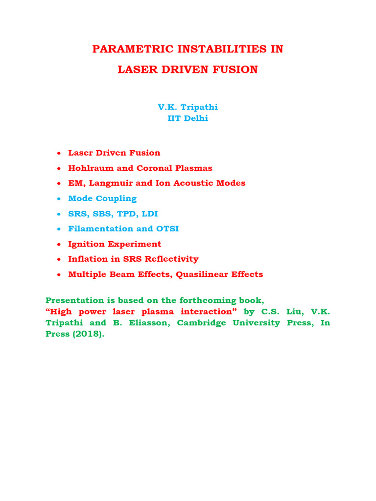 Parametric Instabilities Du Symposium Talk 2018 | PDF | Nuclear Fusion | Phases Of Matter