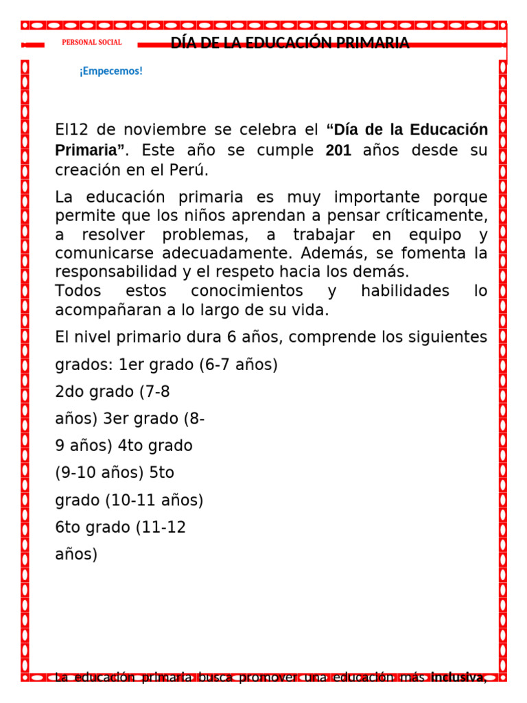 D1 A2 Ficha Ps. Día de La Educación Primaria | PDF | Educación primaria ...