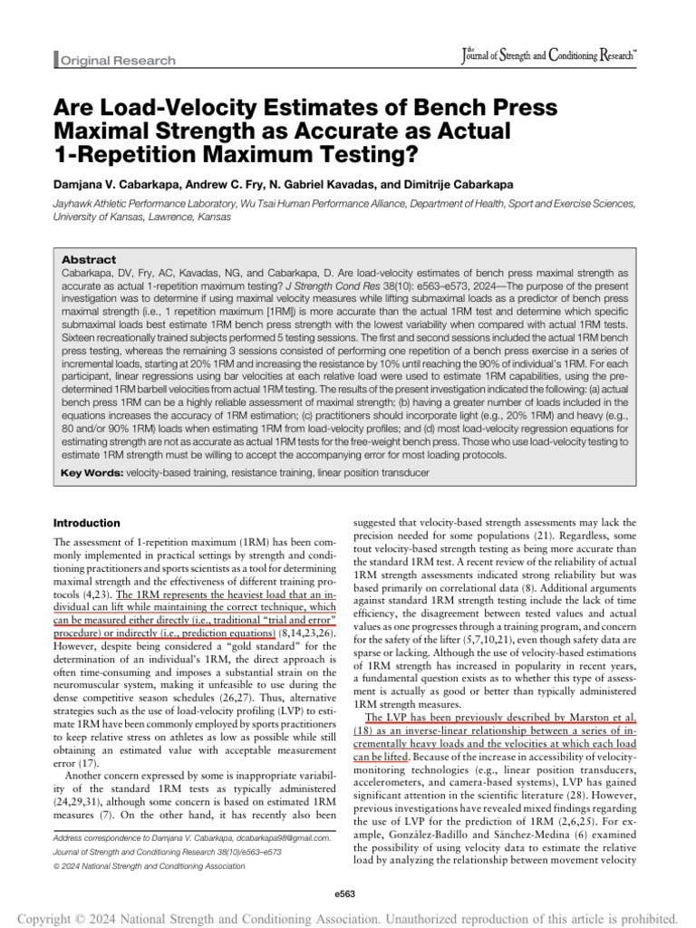 Are Load Velocity Estimates of Bench Press Maximal.21 | PDF ...