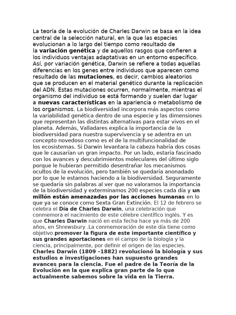 La Teoría de La Evolución de Charles Darwin Se Basa en La Idea Central de La Selección Natural | PDF