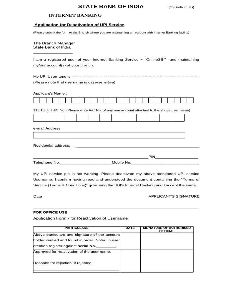 UPI Service Deactivation Application Form | PDF