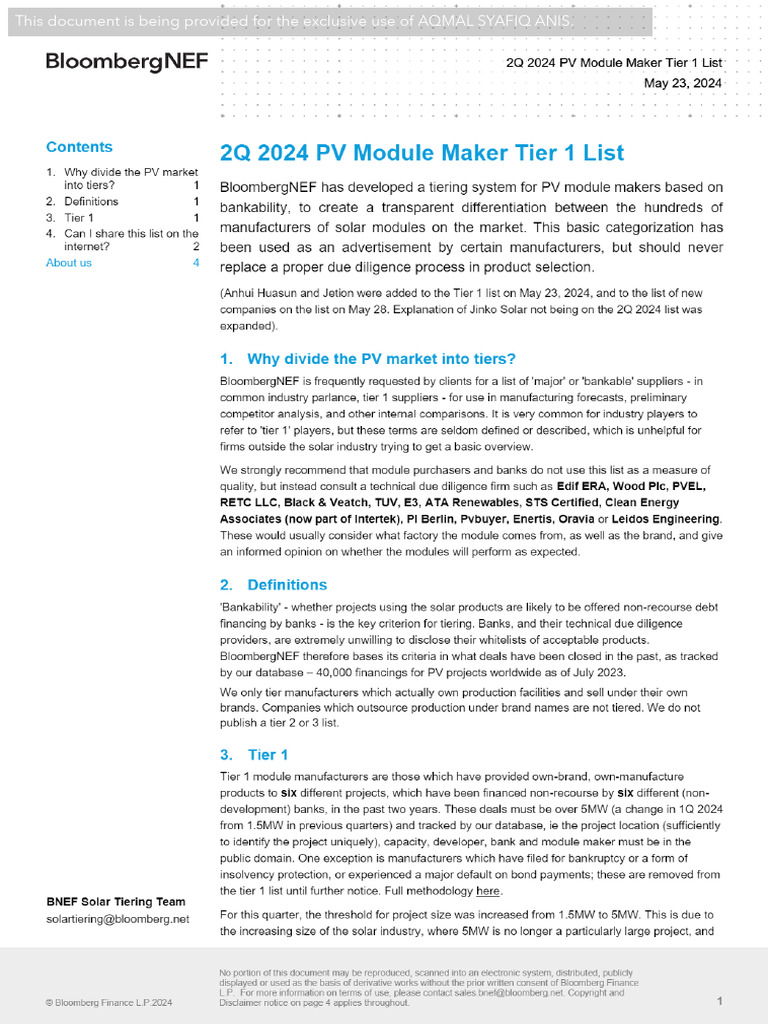 Company Ranking - Tier 1 PV Module Makers - Full Report - BloombergNEF ...