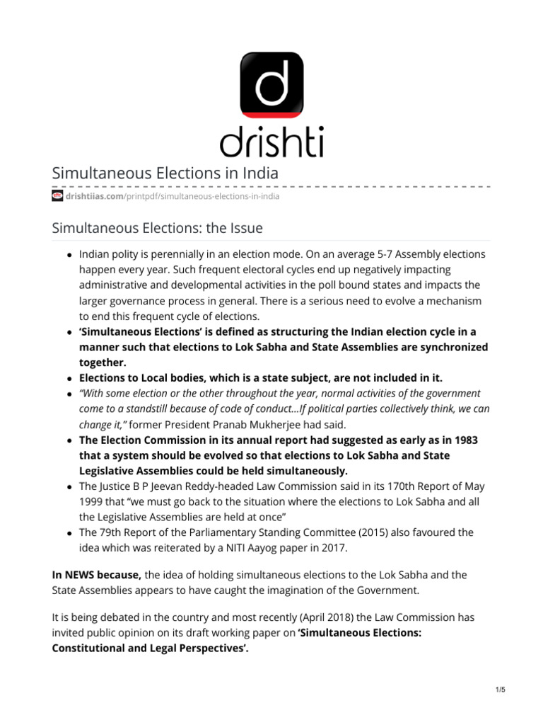 Simultaneous Elections in India | PDF | Elections | Government