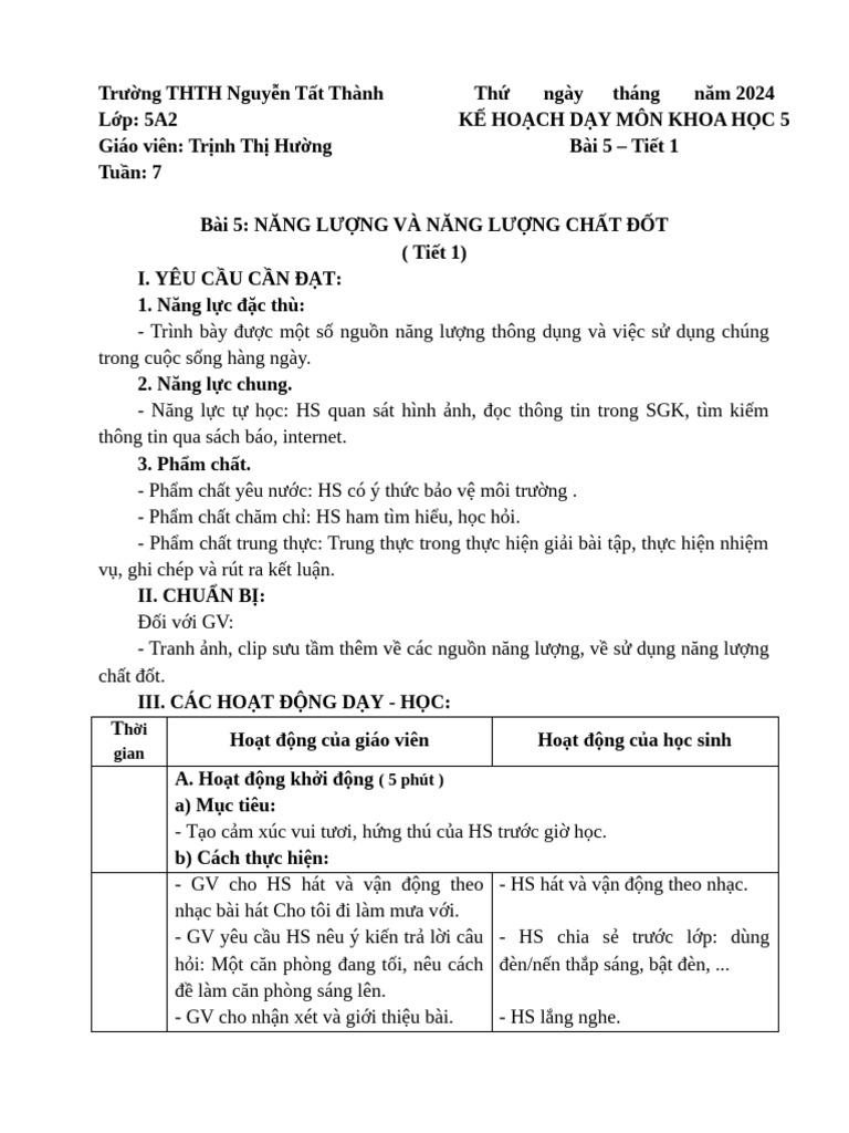 KHBD KHOA HỌC 5 - Tuần 7 | PDF