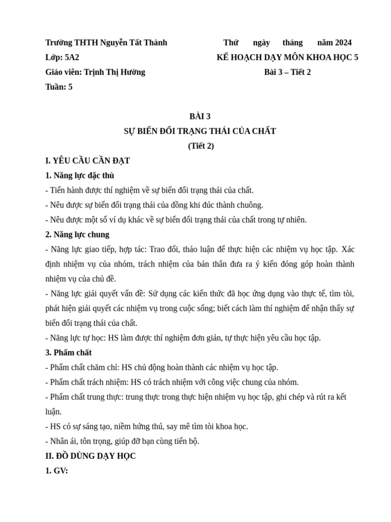 KHBD KHOA HỌC 5 - Tuần 5 | PDF