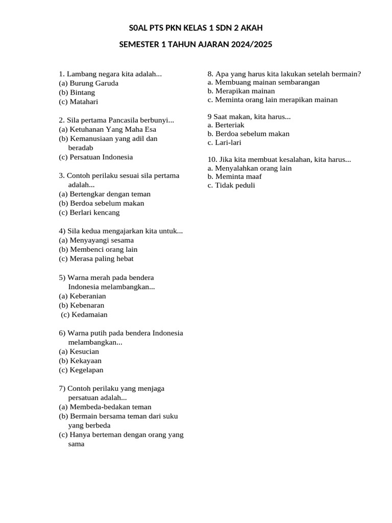S0al Uts PPKN Kelas 1 SDN 2 Akah | PDF