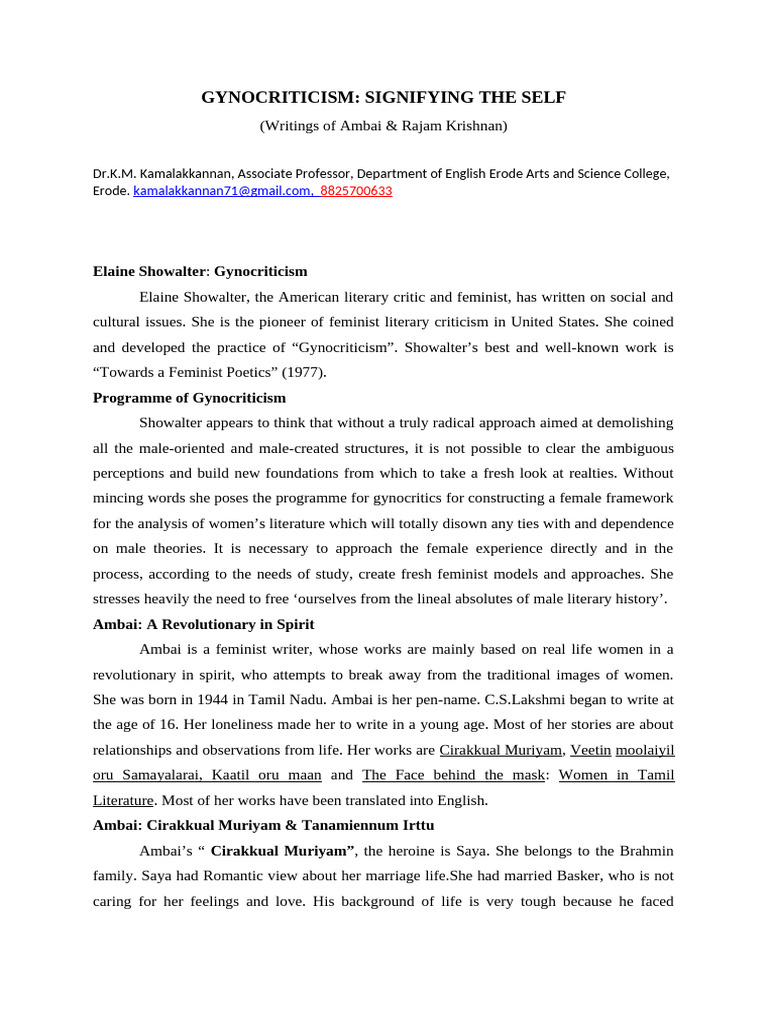GYNOCRITICISM SIGNIFYING THE SELF Ambai and Rajam Krishnan | PDF ...