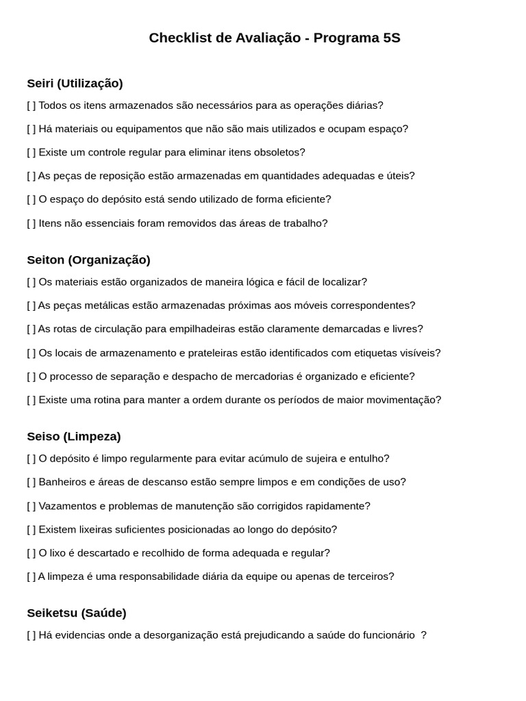 Checklist do Programa 5S | PDF | Carreira e Crescimento