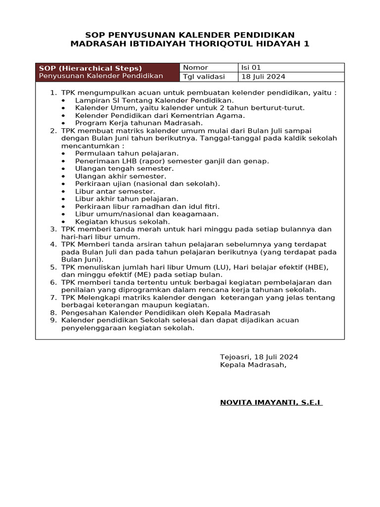 Sop Penyusunan Kalender Pendidikan | PDF