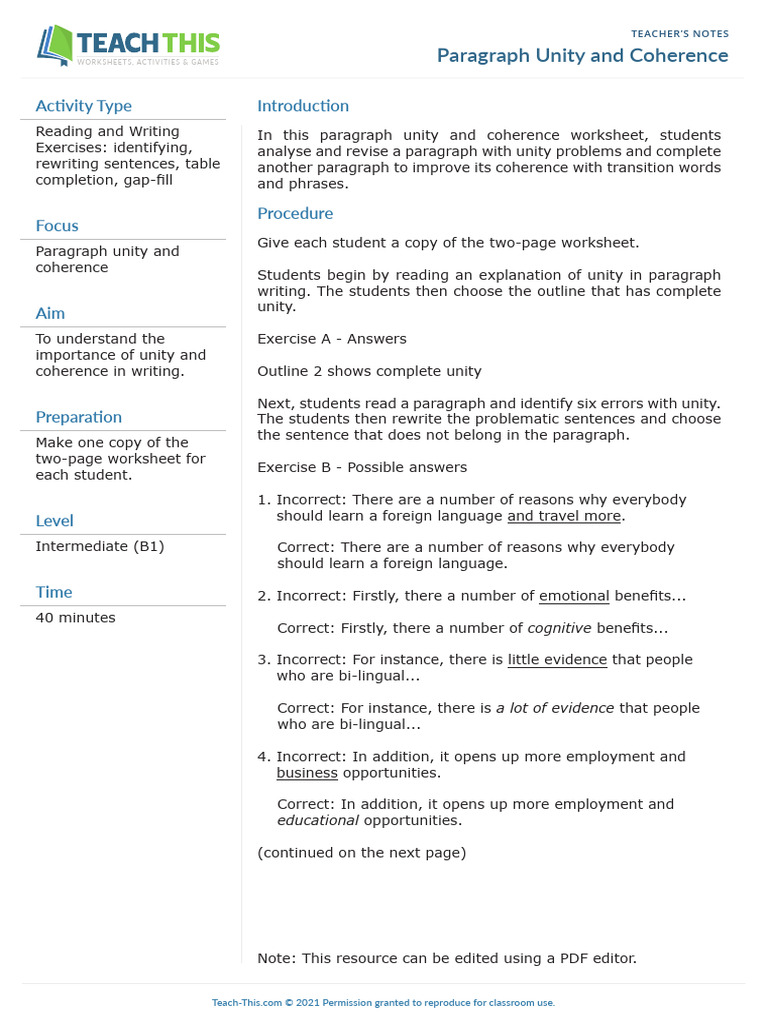 Paragraph Unity and Coherence Worksheet | PDF | Paragraph | Phrase
