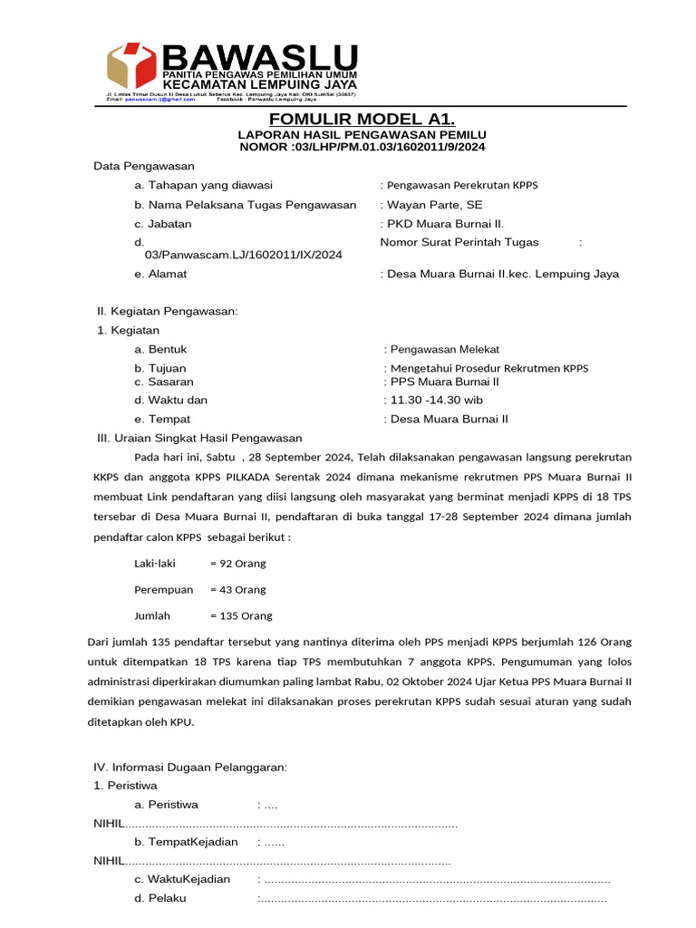 Form A 28 Sept 2024 Pengawasan Rekrutmen KPPS Muara Burnai II | PDF