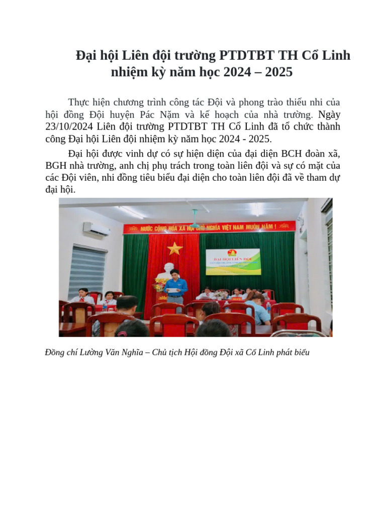 Đại Hội Liên Đội Trường PTDTBT TH Cổ Linh Nhiệm Kỳ Năm Học 2024 | PDF