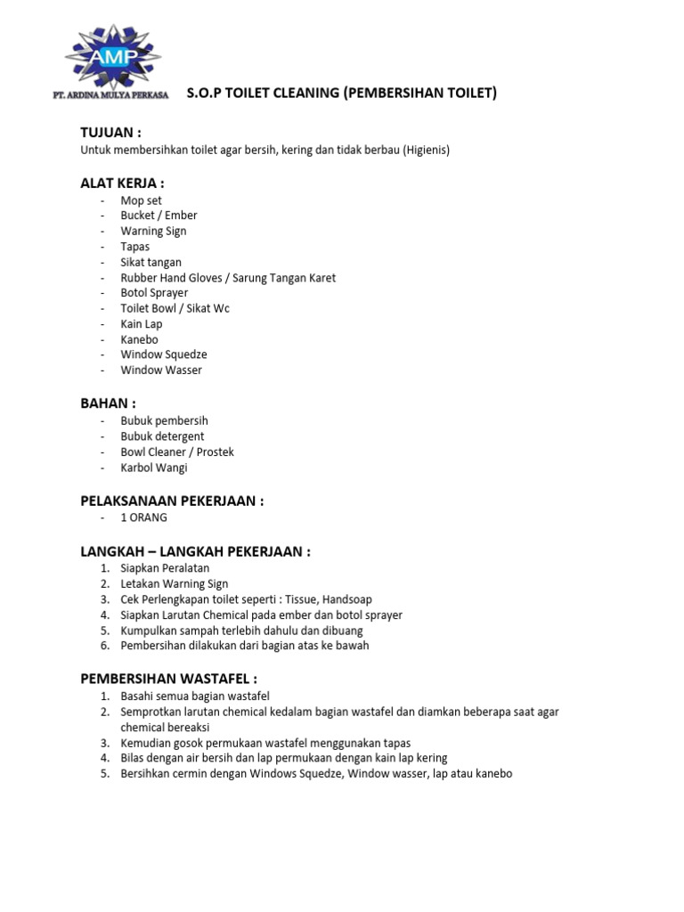 SOP TOILET CLEANING PT - Amp | PDF