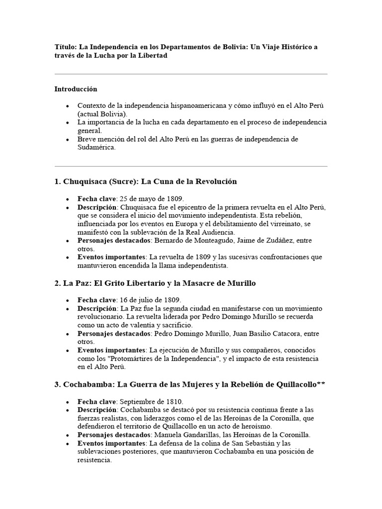 La Independencia en Los Departamentos de Bolivia | PDF | Bolivia ...