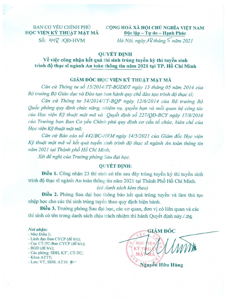 Kết quả thí sinh trúng tuyển kỳ thi tuyển sinh trình độ thạc sĩ ngành ATTT năm 2021 tại TP - HCM ...