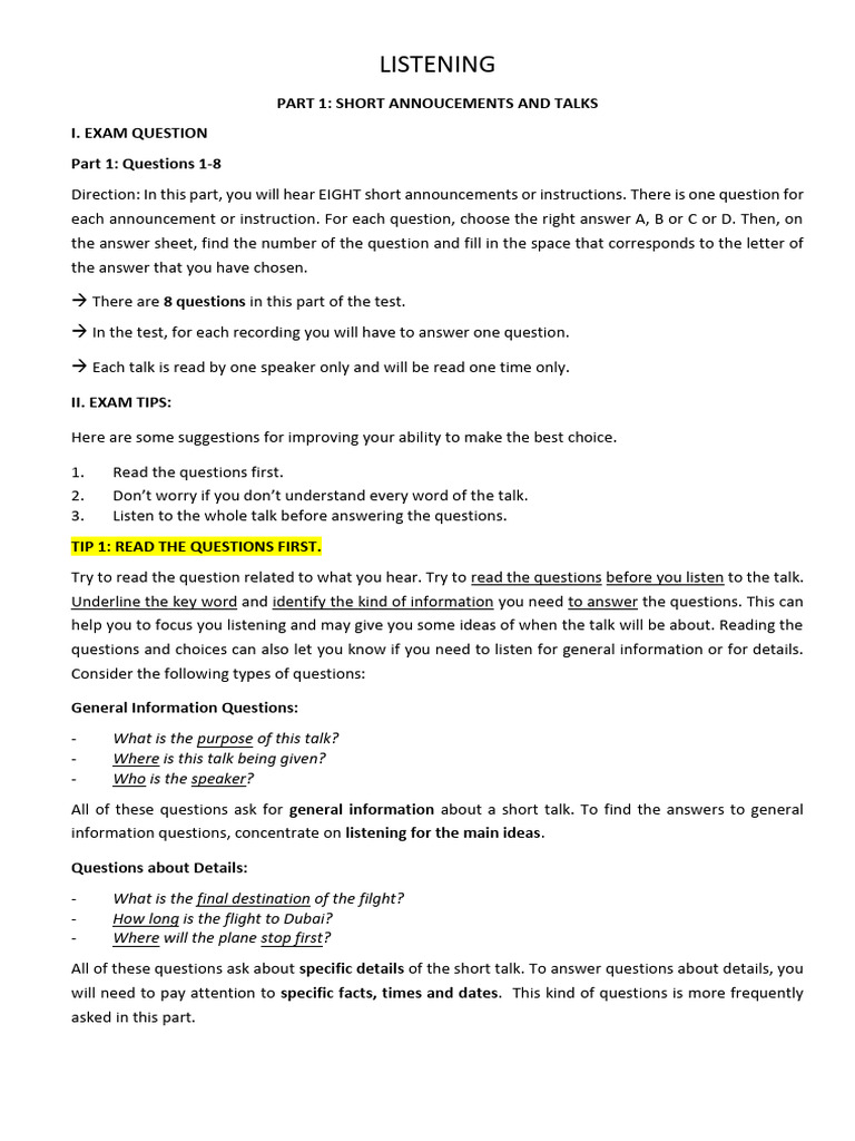 Listening Part 1 Tips Handou | PDF | Question