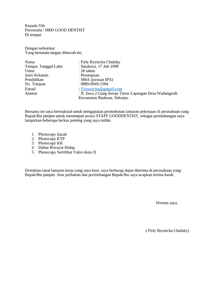 Lamaran Kerja Staff Good Dentist | PDF