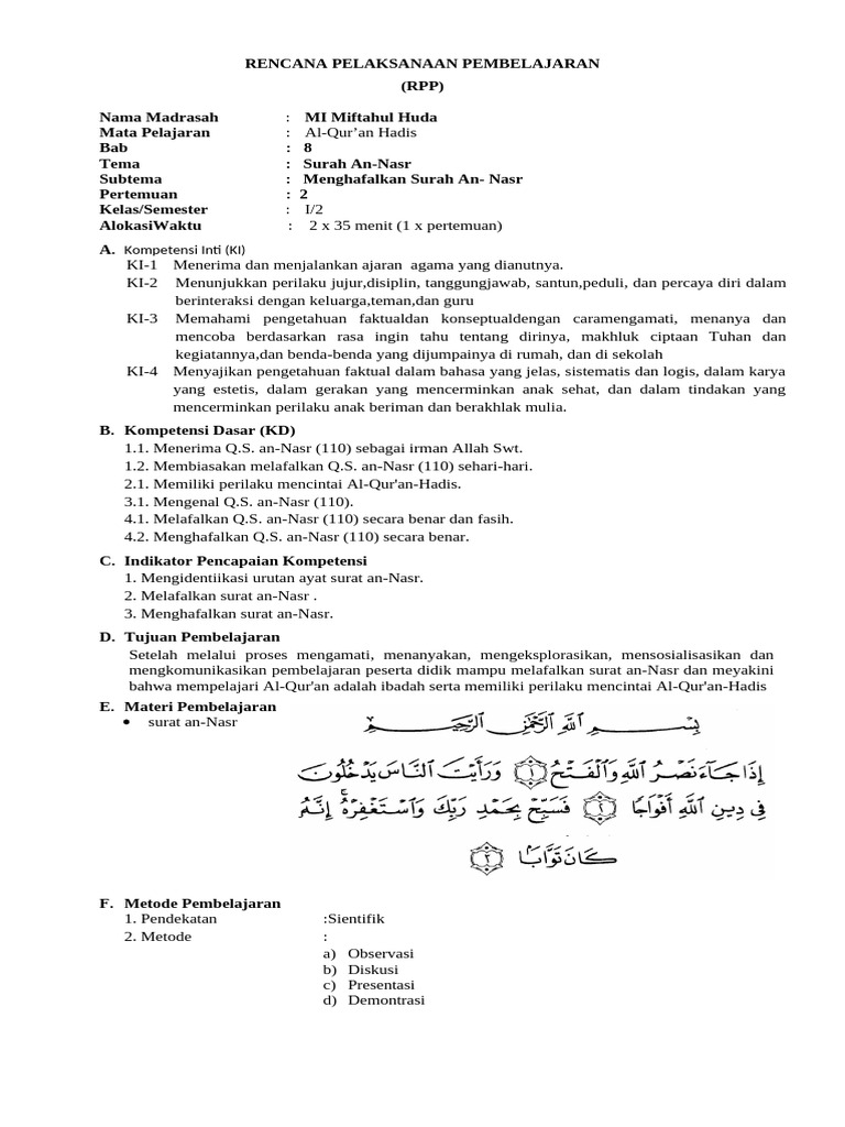 RPP MI Miftahul Huda: Surah An-Nasr | PDF