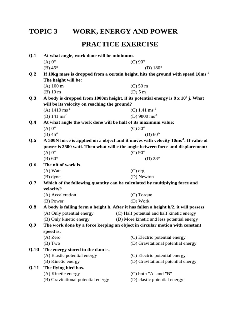 Work, Energy, and Power Practice Questions | PDF | Force | Potential Energy