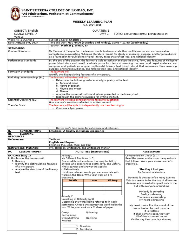 English 7 Quarter 1 Learning Plan | PDF | Poetry | Narrative