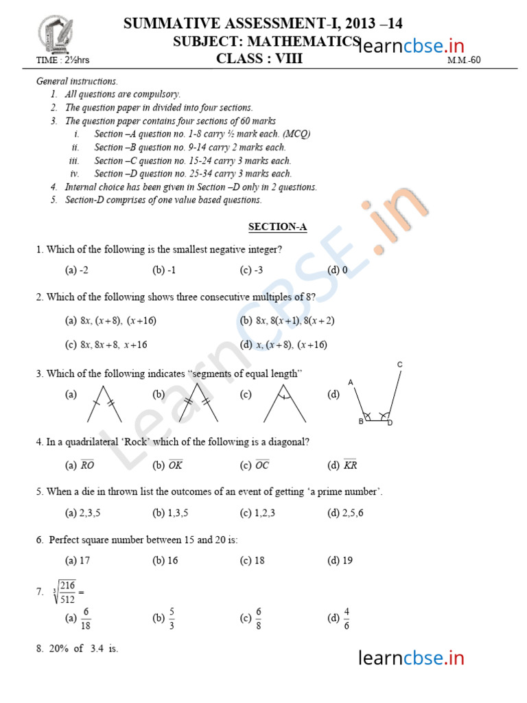 Cbse Class 8 Mathematics Sample Paper Sa1 2014 | PDF | Equations | Mathematics