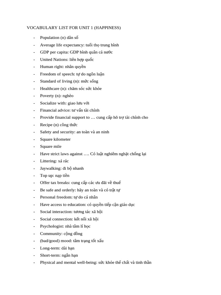 Vocabulary List For Unit 1 | PDF