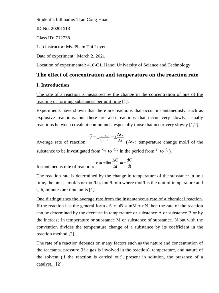 Mid1 HuanTC 20201513 | PDF | Reaction Rate | Chemical Reactions