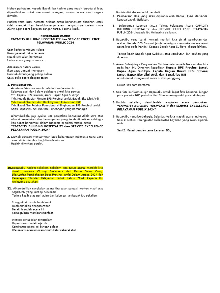 Susunan Acara Pembukaan Capacity Building Hospitality | PDF