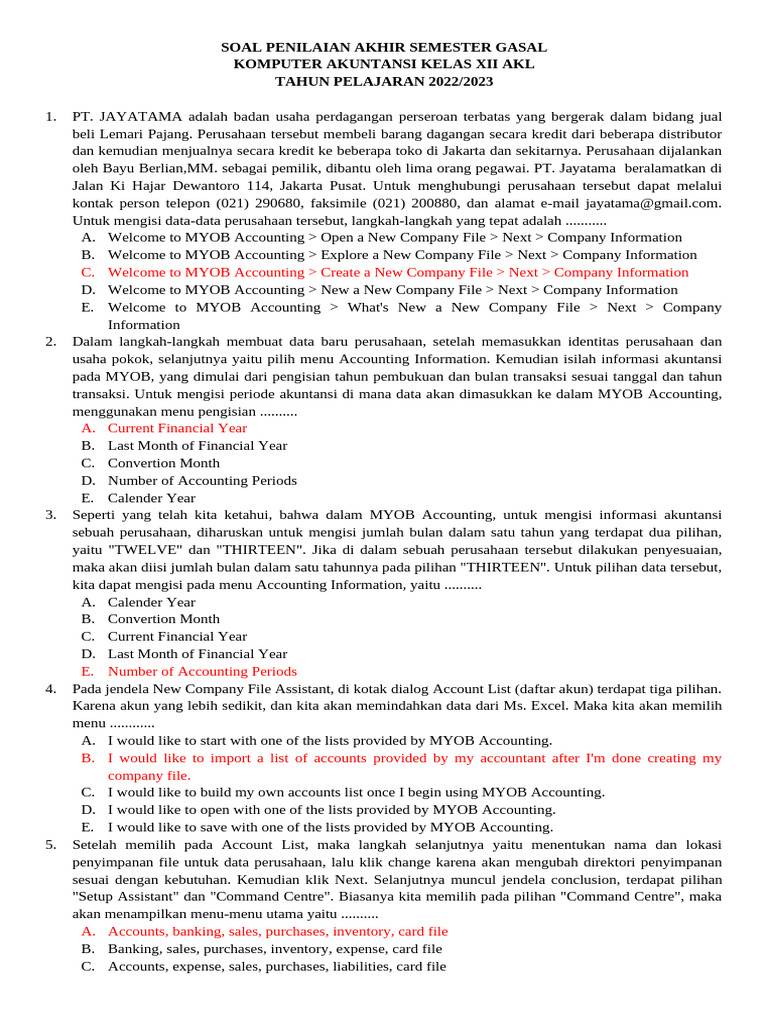 Soal Penilaian Akhir Semester Gasal Kelas Xii Akl Komputer Akuntansi Nov 2022 | PDF