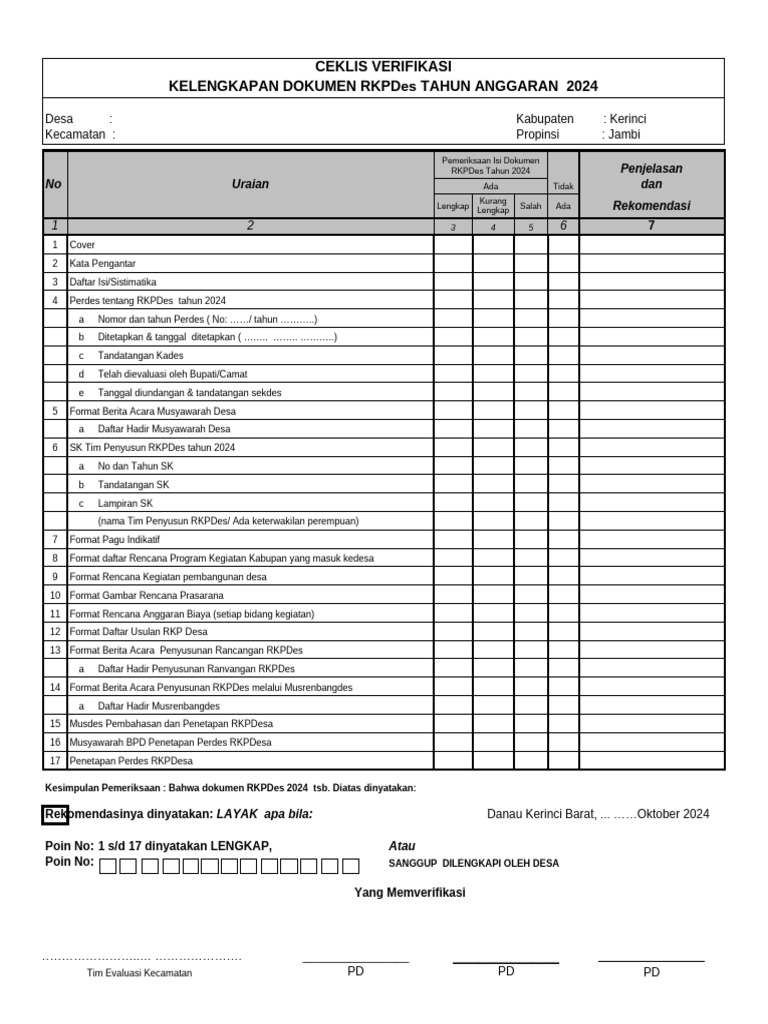 Contoh Ceklis Verifikasi Rkp-Desa 2024 | PDF