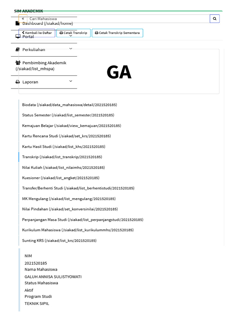 SiapNG - Universitas Tribhuwana Tunggadewi - SIM Akademik - Transkrip Galuh | PDF | Teknologi ...